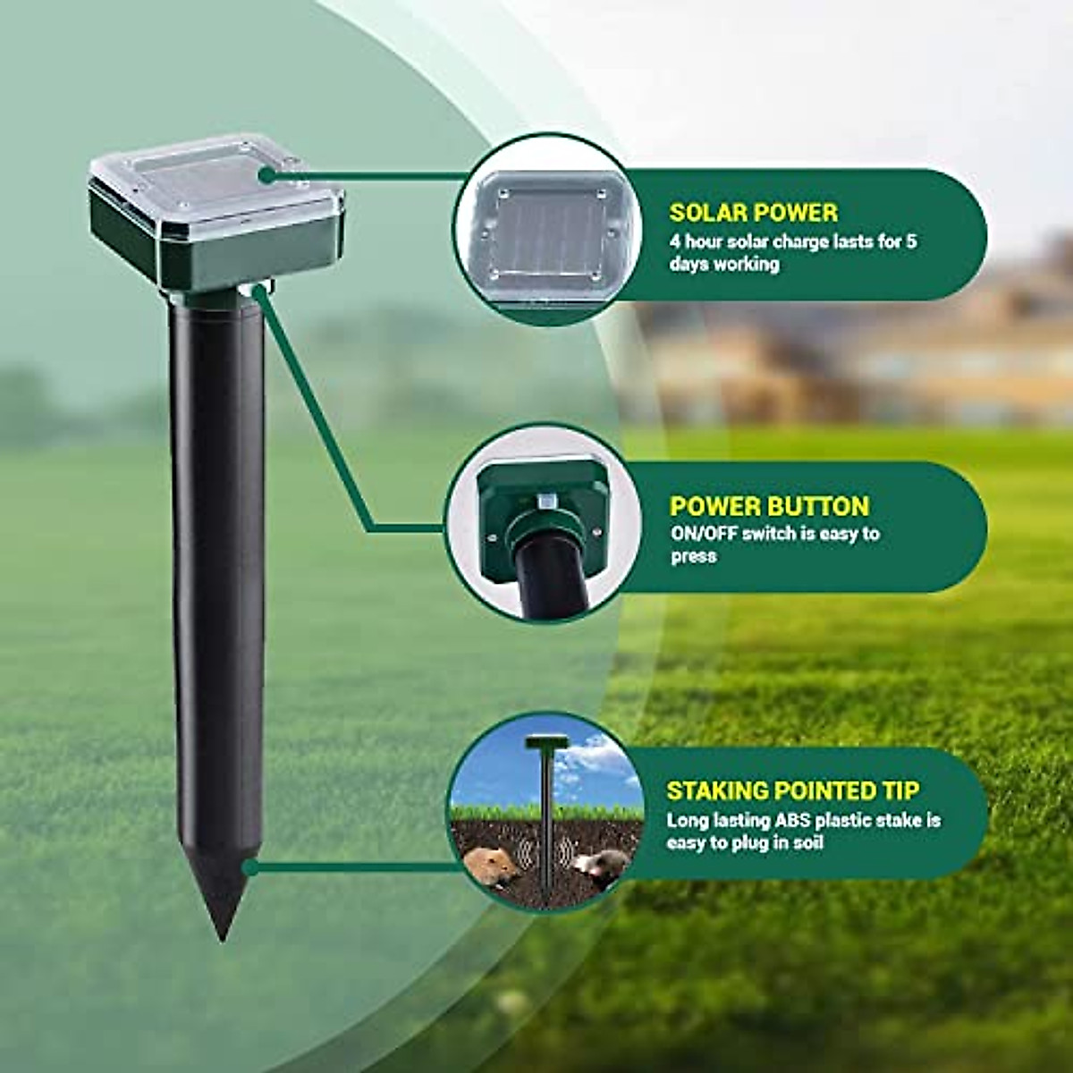 6 PK Solar Mole Repellent Outdoor Ultrasonic Gopher Control Spikes, Groundhog Repeller Snake Rodent Gopher Spikes Chaser Pest (6)
