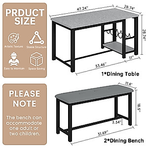 DKLGG Dining Table Set for 2-4, Small Kitchen Table with Wine Rack & Storage Shelves & Wine Glass Holder, Dining Room Table Dinner Table with 2 PU Leather Upholstered Benches (Special Gray)