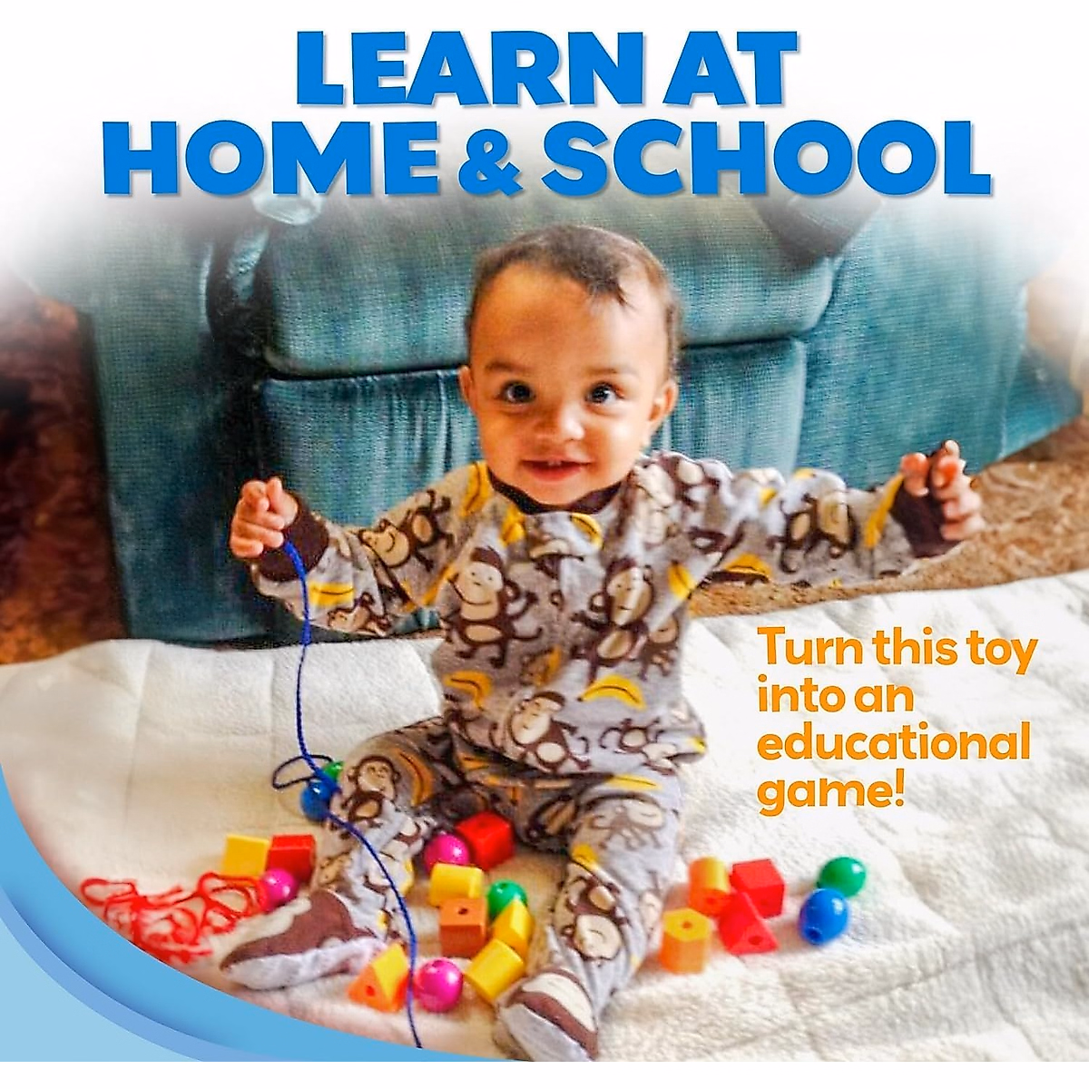 Skoolzy Rainbow Stringing Beads for Toddlers 46 Pcs | String Beads with Strings, Pipe Cleaners and Bag | Montessori Toys Occupational Therapy