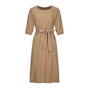 Loose Midi Belted Dress for Women Puff Half Sleeve Casual Dresses, Womens Solid Crewneck Summer Dress Cotton Linen Dress Khaki