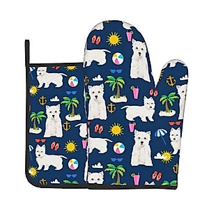 Westie Dog Oven Mitts and Pot Holders Sets Heat Resistant Kitchen Microwave Gloves for Baking Cooking Grilling BBQ