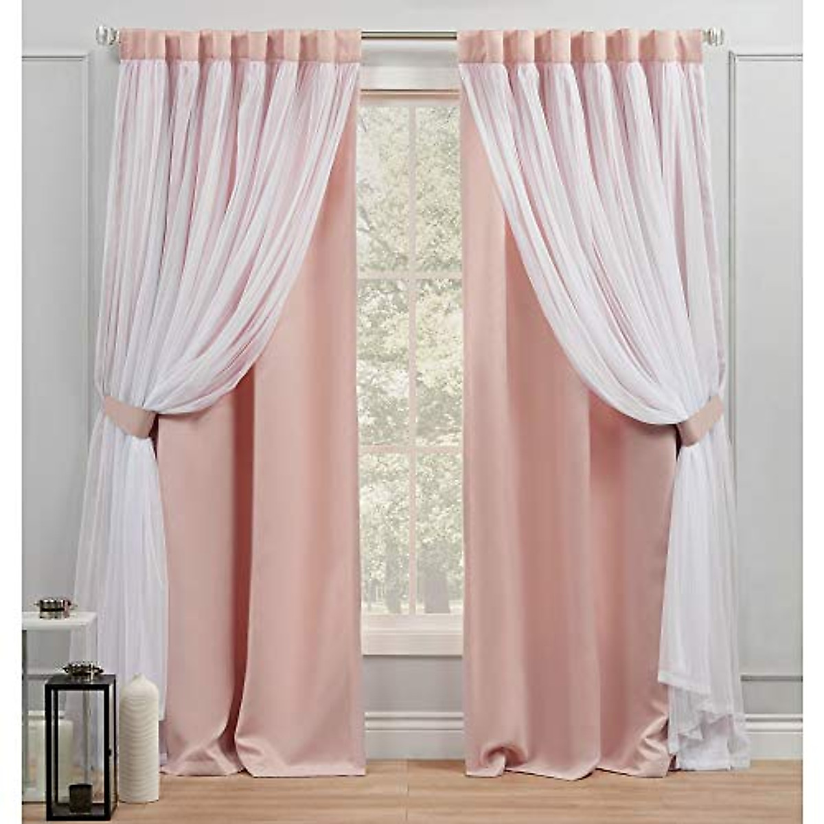Exclusive Home Catarina Layered Solid Room Darkening Blackout and Sheer Hidden Tab/Rod Pocket Top Curtain Panel Pair, 52"x84", Rose Blush, Set of 2