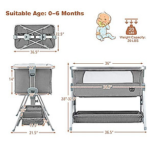 BABY JOY Bedside Bassinet, Portable Baby Crib w/Mattress, Two-Side Breathable Mesh, 7 Height Adjustable, Large Storage, Wheels for Easy Movement, Crib for Newborn Infant, Bassinet for Baby, Grey