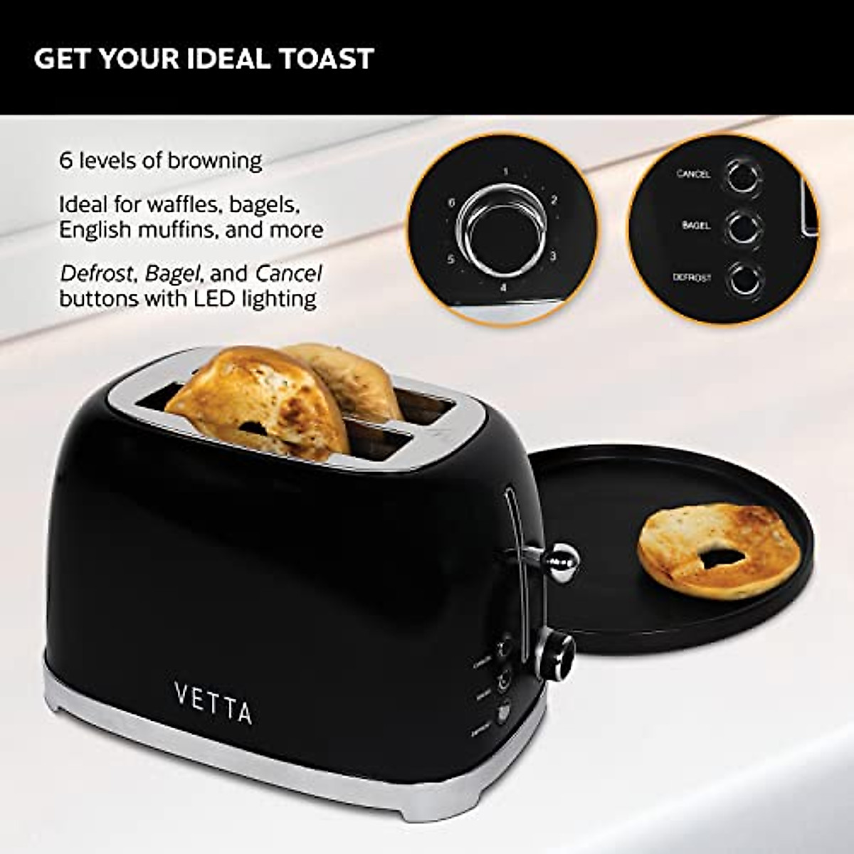 VETTA 2-Slice Extra-Wide-Slot Retro Toaster with Defrost, Bagel, and Cancel Functions, 6 Shade Settings, Self-Centering for Even Cooking and Removable Crumb Tray, Stainless Steel in Black (Black)