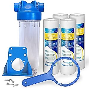 10 Inches European Design Transparent Standard Whole House Water Filter System with Presser Relief Valve, 3/4” Inlet/Outlet Brass Port and Yearly Supply (4) Sediment Cartridges 5 Micron