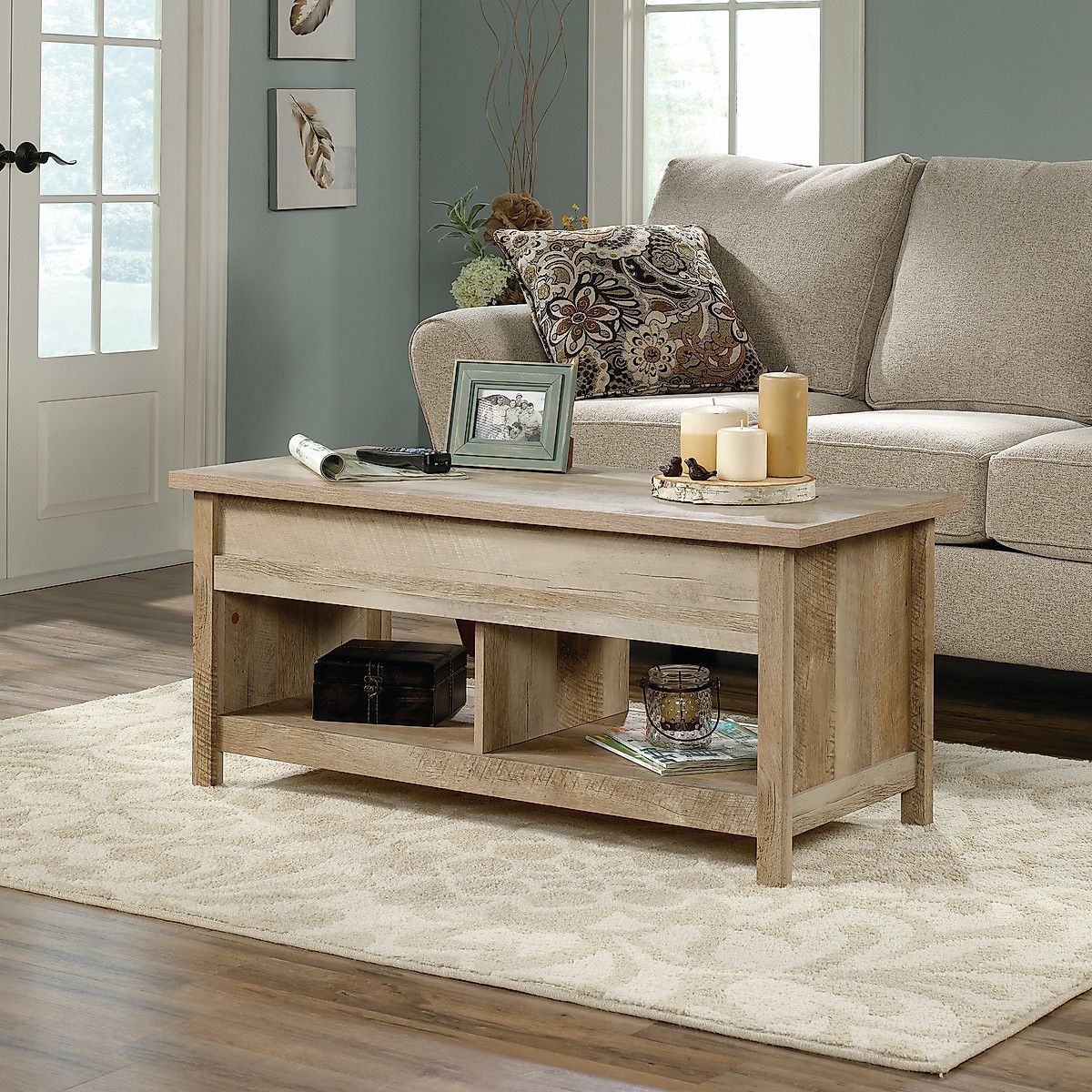 Sauder Cannery Bridge Lift Top Storage Coffe Table for Living Room, L: 43.15" x W: 19.45" x H: 19.02", Lintel Oak