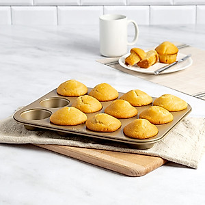 Goodful Nonstick Muffin Pan Set, Heavy Duty Carbon Steel with Quick Release Coating, Made without PFOA, Dishwasher Safe, 2-Pack Bakeware Set, 12-Cup, Champagne Gold