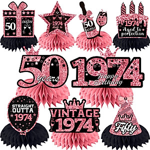 9pcs Rose Gold 50th Birthday Table Decorations for Women, 50 and Fabulous Decorations Vintage 1974 Age to Perfection 50th Bday Decorations Women Fifty Party Honeycomb Decorations Table Topper cocomigo