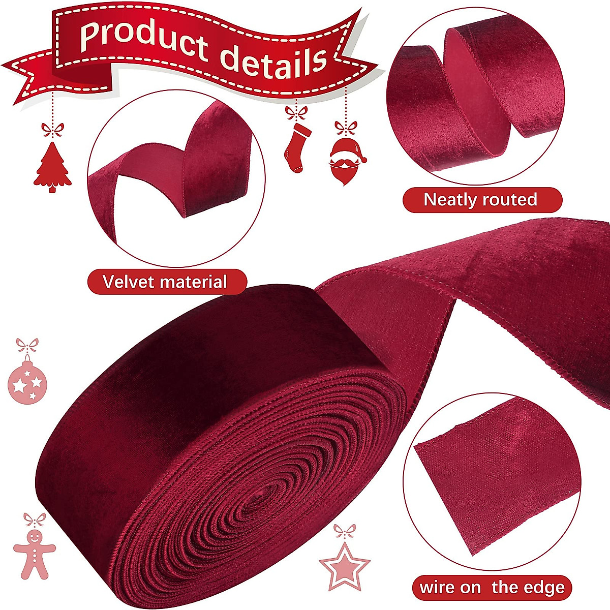 50 Yards 2.5 Inch Christmas Red Velvet Wired Ribbon Fabric Decorative Ribbon Gift Wrapping Ribbon for DIY Craft Christmas Holiday Bows Wreath Wedding Indoor Outdoor (Wine Red)