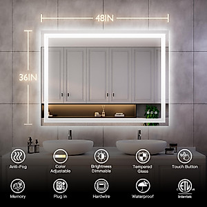 ISKM 48''x36'' LED Bathroom Mirror with Lights - Front and Backlit Lighted Bathroom Vanity Mirror Wall Mounted, Defog, Dimmable, Tempered Glass, Shatterproof, ETL Listed (Horizontal/Vertical)