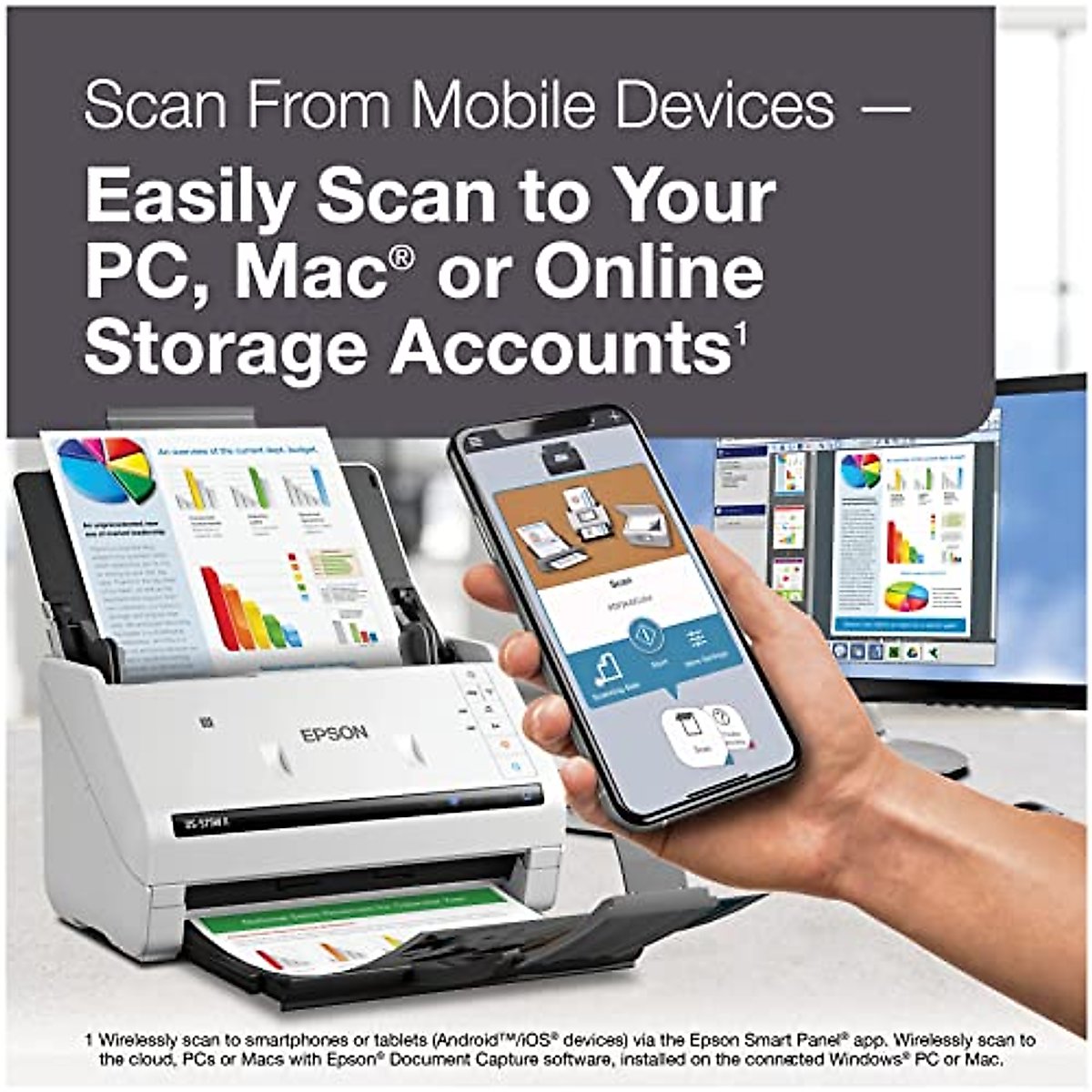 Epson DS-575W II Wireless Color Duplex Document Scanner for PC and Mac with 50-Page Auto Document Feeder (ADF), Twain and ISIS Drivers, Epson Smart Panel Mobile App