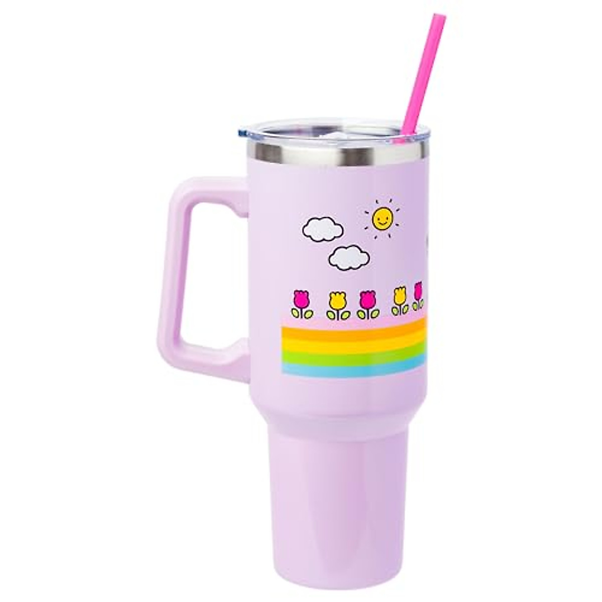 Silver Buffalo Sanrio Hello Kitty Spring and Summer Flowers Rainbow Stripes Stainless Steel Tumbler with Handle and Straw, Fits in Standard Cup Holder, 40 Ounces