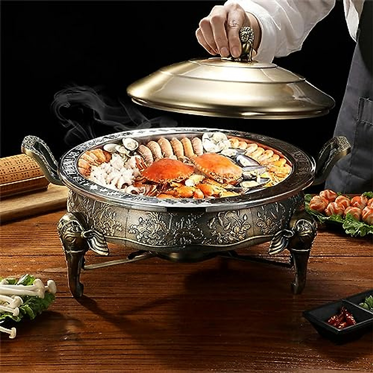Retro Round Chafing Dish, Stainless Steel Buffet Server Warming Tray with Fuel Holders and Lid, for Birthday Party Wedding Celebration