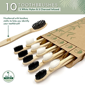 Palm Naki Bamboo Toothbrushes (10 Pack) - Eco Friendly, Biodegradable Toothbrushes, Soft Bristle Toothbrush, BPA Free