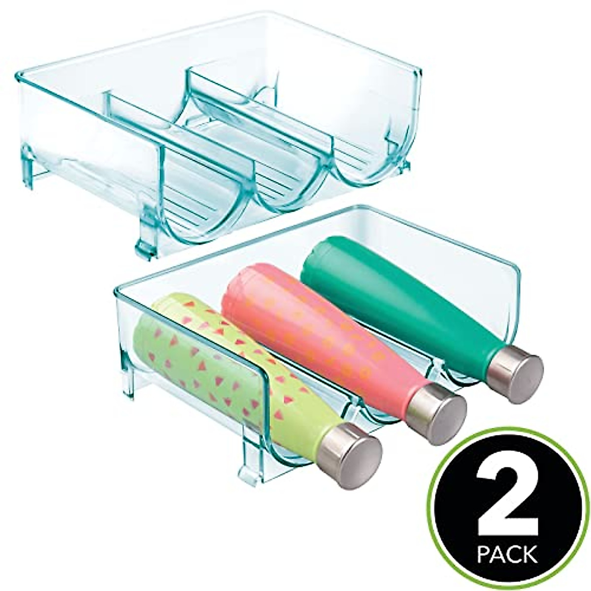 mDesign Stackable Plastic 3 Bottle Refrigerator Wine Rack - Kitchen Storage Organizer for Champagne, Wine or Water Bottles - Stacking Wine Organizer for Fridge - Ligne Collection - 2 Pack - Blue Tint