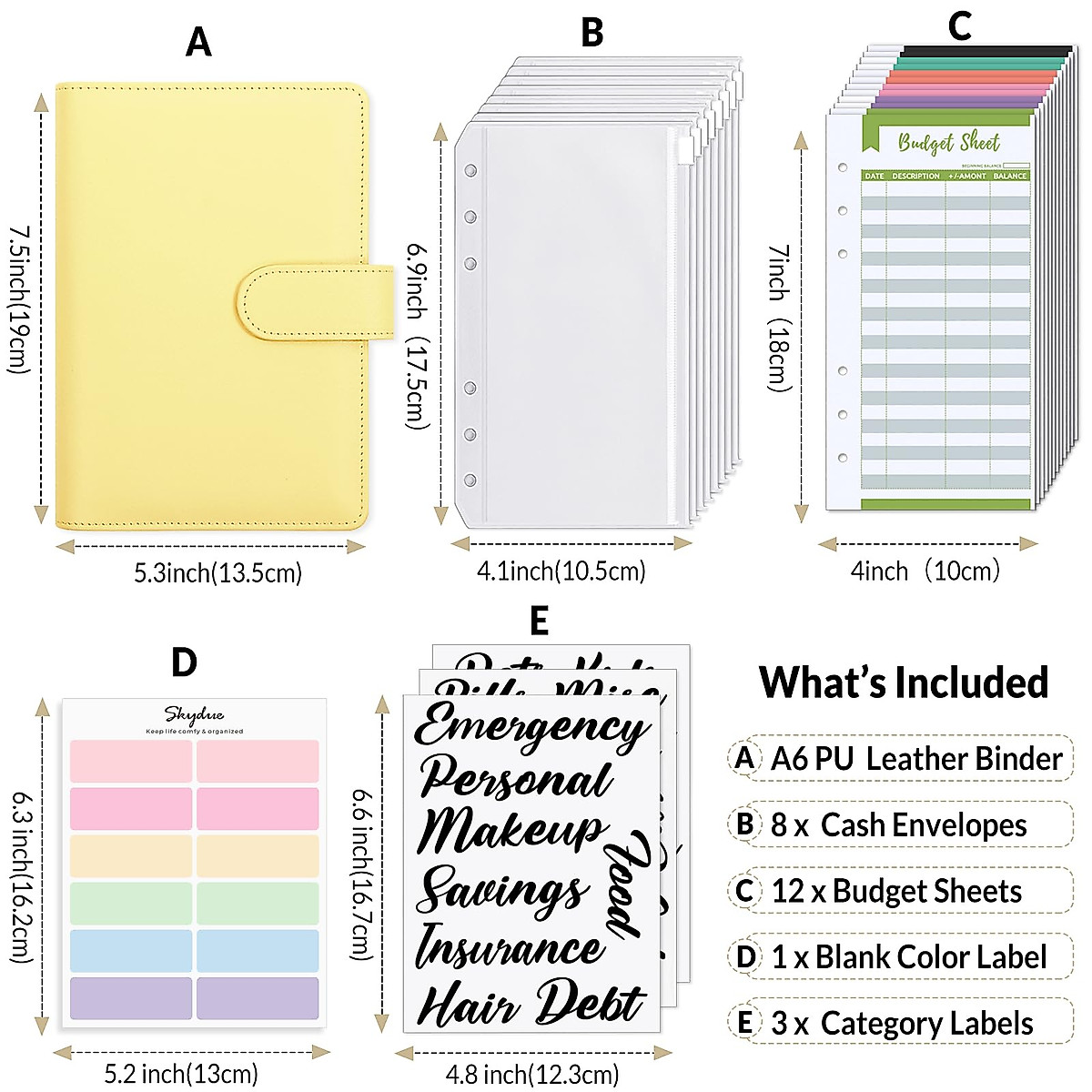 SKYDUE Budget Binder with 8pcs Zipper Envelopes, Money Organizer for Cash with 12pcs Expense Budget Sheets & 24 Blak Sticky Labels, Budget Book with Cash Envelopes, Yellow, A6 (1008HYJ-HZ_A6Yellow)