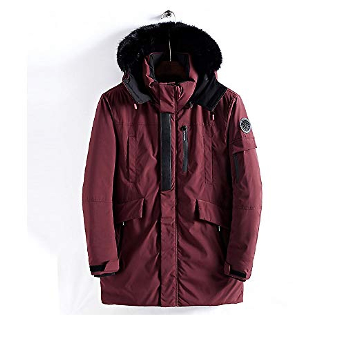 WEEN CHARM Men's Warm Parka Jacket Anorak Jacket Red Winter Coat with Detachable Hood Faux-Fur Trim