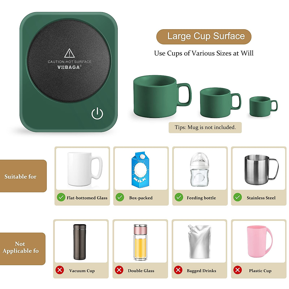 VOBAGA Coffee Mug Warmer, Electric Coffee Warmer for Desk with Auto Shut Off (No Cup), 3 Temperature Setting Smart Cup Warmer for Heating Coffee, Beverage, Milk, Tea and Hot Chocolate