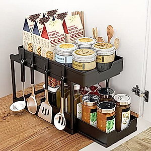 Under Sink Organizer,2 Tier Under-Sink Organizers with Pull Out Sliding Drawers 4 Hooks 2 Cups Black Under Sliding Cabinet Basket Organizer for Bathroom Kitchen