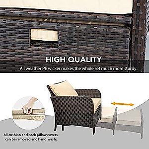 LEVELEVE Balcony Furniture 5 Piece Patio Conversation Set, PE Wicker Rattan Outdoor Lounge Chairs with Soft Cushions 2 Ottoman&Glass Table for Porch, Lawn-Brown Wicker