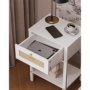 JOONEE Rattan Nightstand，Modern Farmhouse Bedside Table with Storage Drawer and Shelf (White)
