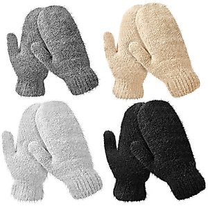 Hicarer 4 Pairs Women Mittens for Women Adult Winter Ladies Mittens Knitted Gloves Warm Fleece Mittens Double Wool Gloves, Black, Grey, Light Grey, Camel, about 3.9 x 9 inches