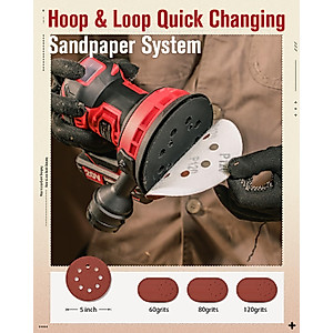 AVID POWER 20V Cordless Orbital Sander 5 Inch Electric Sander Tool with 6 Variable Speeds 7000-11000 RPM Battery Powered Sanders for Woodworking, 30 Pcs Sandpapers and Dust Collection Bag