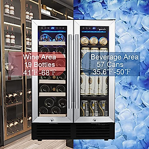 Beverage and Wine Refrigerator, Freestanding or Built-in 24 inch Wine Fridge Dual Zone Wine Cooler with Tempered Glass Door and Temperature Memory Function Wine Cellars for 19 Bottles and 57 Cans
