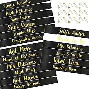 PHOGARY 18 Pack Bachelorette Sashes for Bridal Party - 17 Black Team Bride Sashes with 1 White Bride to Be Sash - Funny Sashes Set for Hen Party Bachelorette Party Bridal Shower Wedding Party