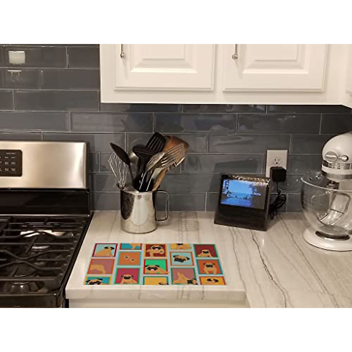 Caroline's Treasures MLM1143LCB Lots of Apricot Pug Glass Cutting Board Large Decorative Tempered Glass Kitchen Cutting and Serving Board Large Size Chopping Board