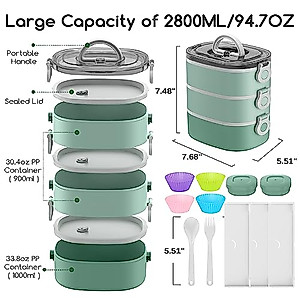 KHOXU Bento Lunch Box, Stackable 3 Layers Bento Box Adult Lunch Box, 94OZ Large Capacity Lunch Containers, Lunch Box Kids with Accessories Kit , Leak-Proof, Food-Safe Materials, Green