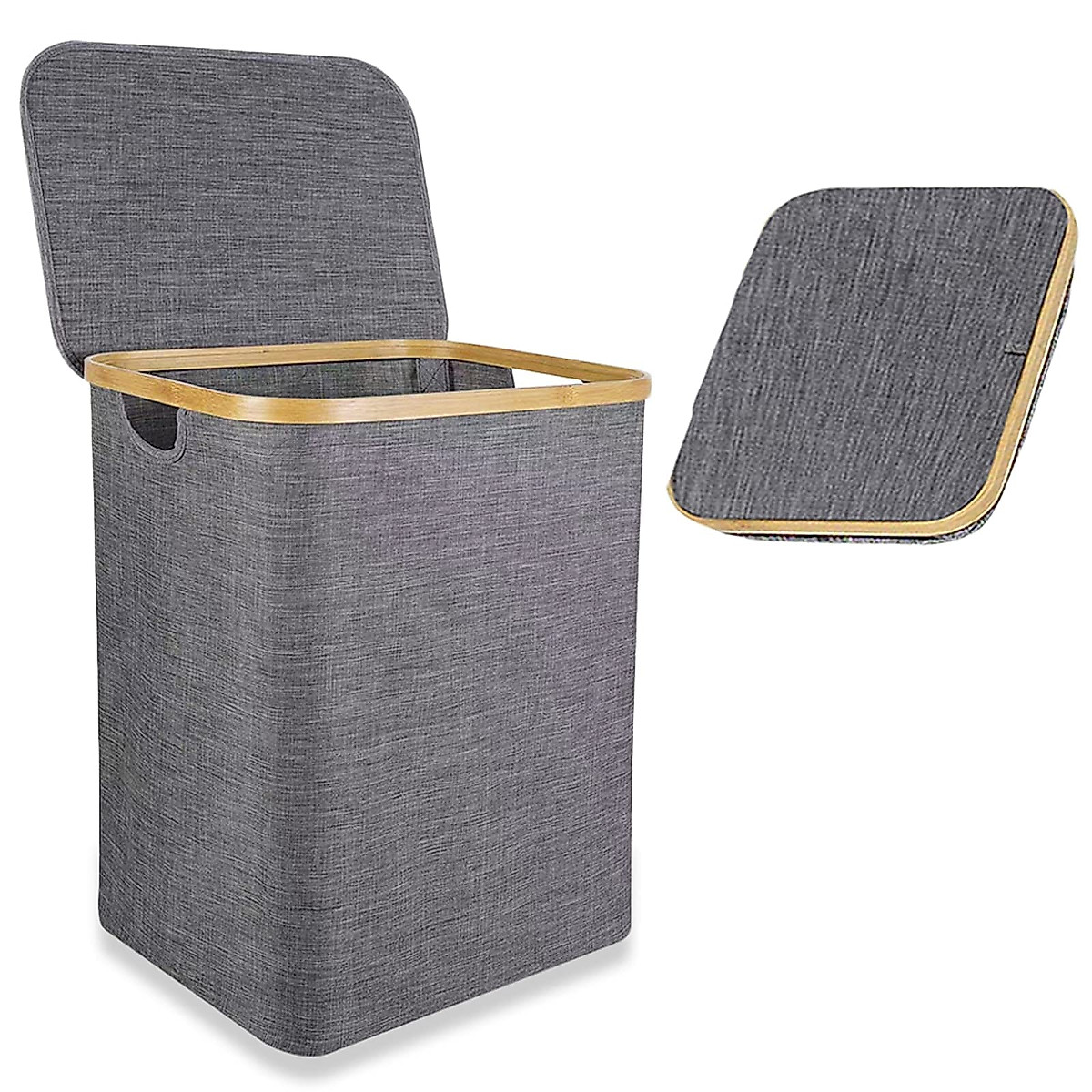 Mindore Laundry Hamper with Lid,60L Collapsible Laundry Basket with Bamboo Handles,Portable Clothes Hamper for Dorm Room, Bathroom, Bedroom,Grey Foldable Hamper for Toys, Closet, Clothing