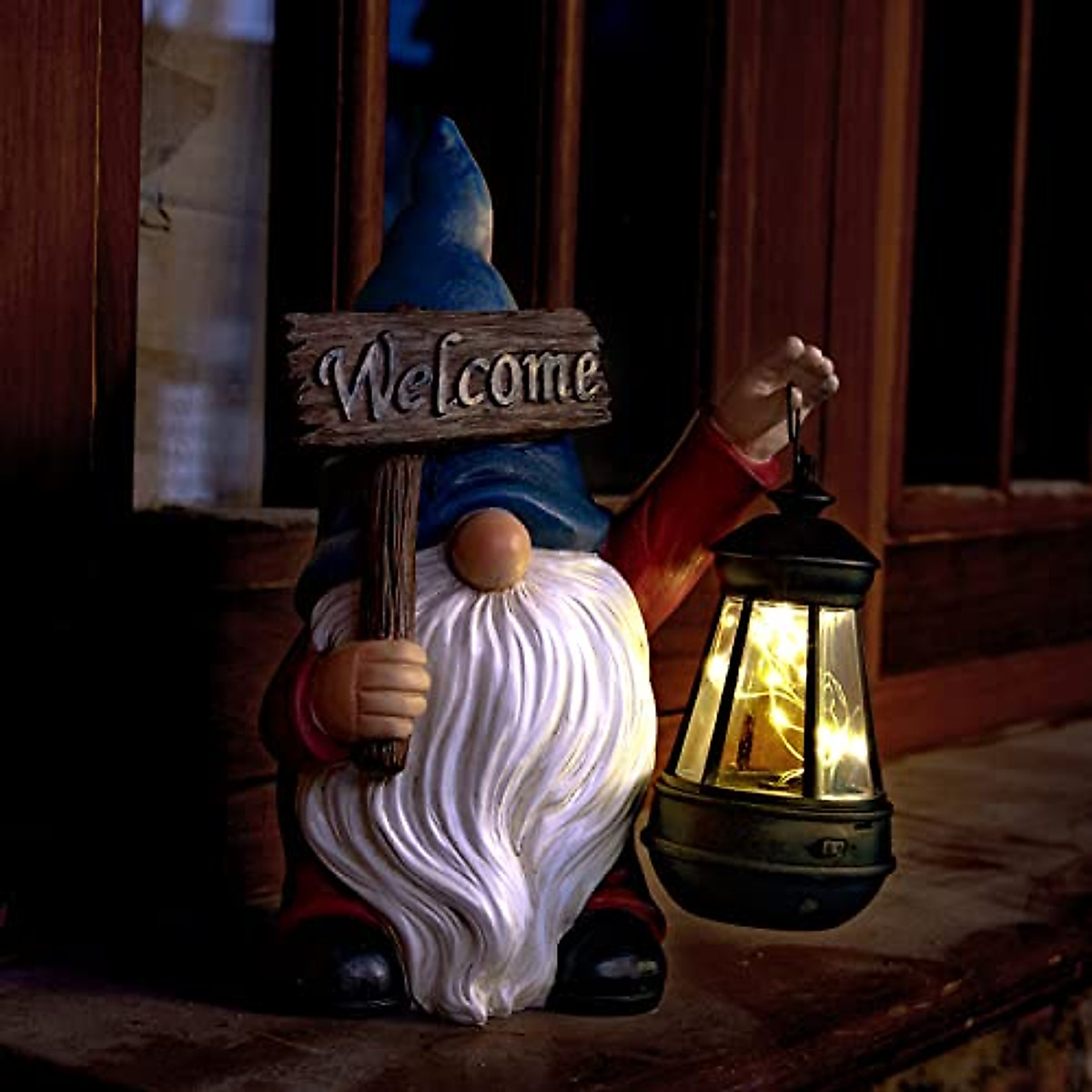 WONDHOME Garden Gnome Statue with Shovel Solar Gnomes Statue with Lantern LED Outdoor Decor Lights,Terrace Courtyard Lawn Patio Porch Decoration Christmas Housewarming Gift