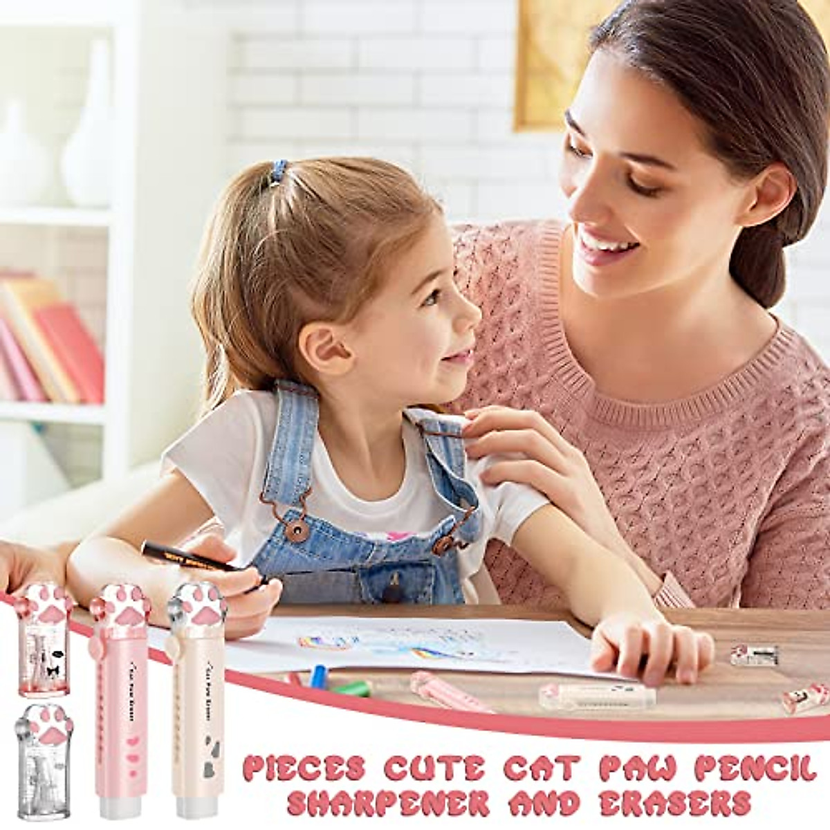 4 Pcs Cute Cat Paw Kawaii School Supplies Cute Cat Paw Pencil Sharpener and Cat Paw Shaped Retractable Eraser Kawaii Pencil Sharpener Cat School Supplies for Kids Girls Cat Lovers Office School Home