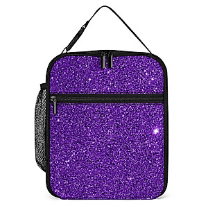 Insulated Lunch Bag Purple Glitter School Lunch Box for 6+ Years Old Boys Girls Bling Thermal Reusable Work Lunch Cooler for Men Women Office