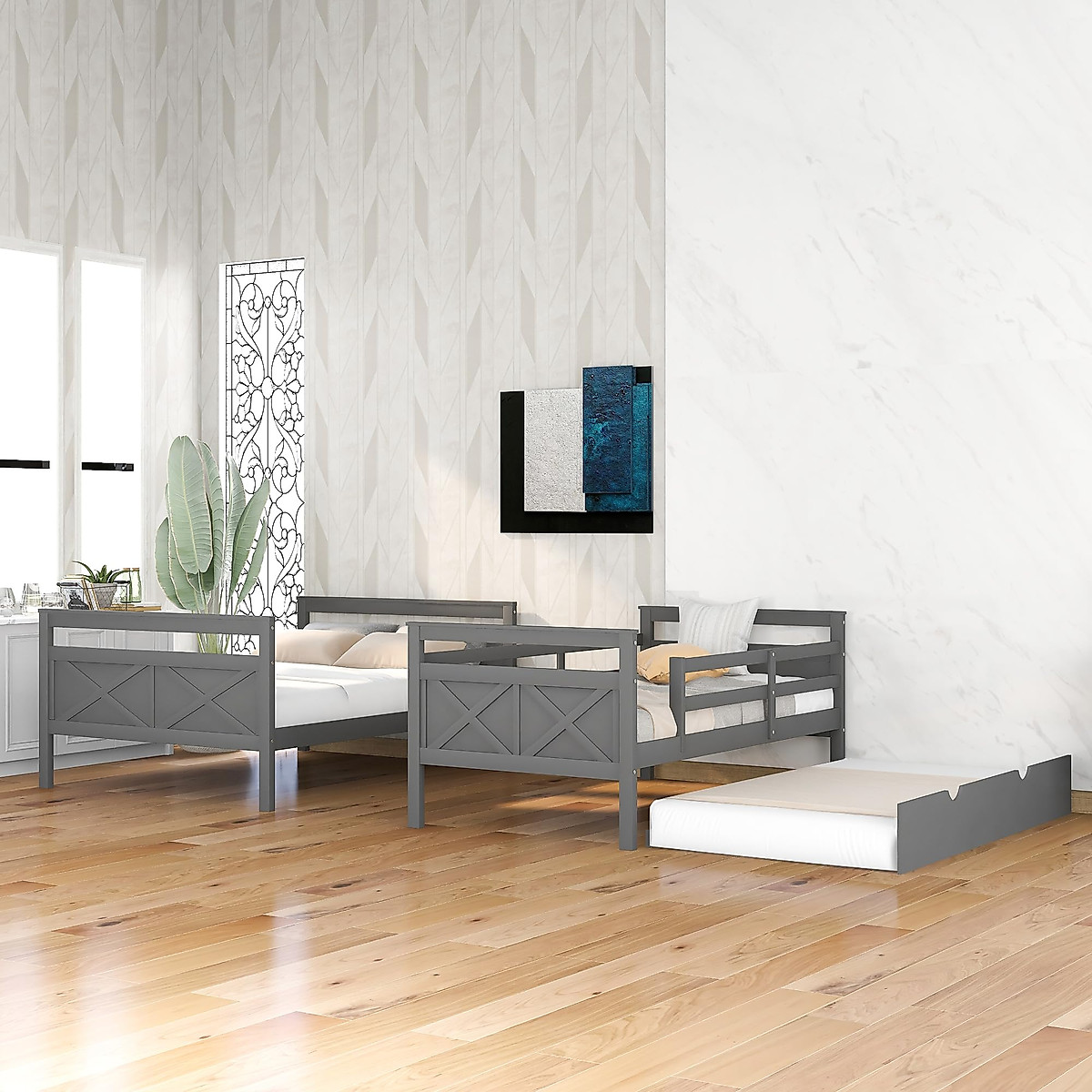 SOFTSEA Twin Over Full Bunk Bed with Trundle, Modern Bunk Bed with Ladder and Guardrails for Kids, Solid Wood Bunk Bed Frame, Can be Converted into 2 Beds Full Bed with Trundle and Loft Bed, Gray