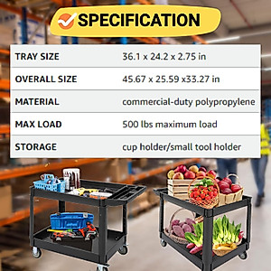 Service Utility Cart 2-Shelf Utility/Service Cart, 500-Pound Capacity, Storage Handle, for Warehouse/Garage/Cleaning/Manufacturing，45"X25"