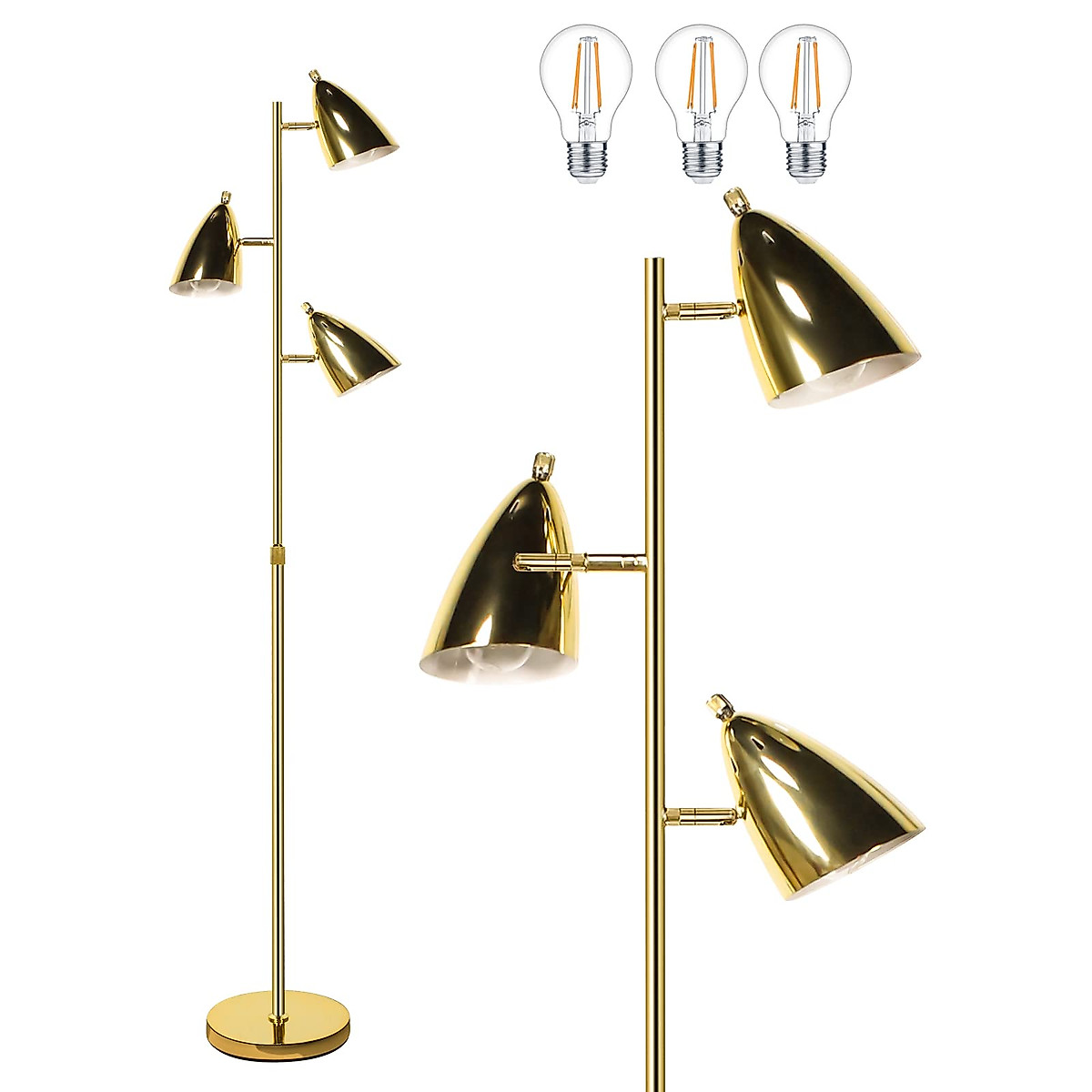 Tree Floor Lamp for Living Room, Industrial 3-Light Standing Lamp with 3 LED Bulbs, Adjustable Rotation Heads, Standing Tall Pole Lamp Farmhouse Rustic Reading Lamps for Bedroom Office (Gold)