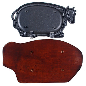 FMC Fuji Merchandise Corp Cast Iron Steak Plate Sizzle Griddle with Wooden Base Steak Pan Grill Fajita Server Plate Household use or Restaurant Supply (Cow Shape 10.5"L)