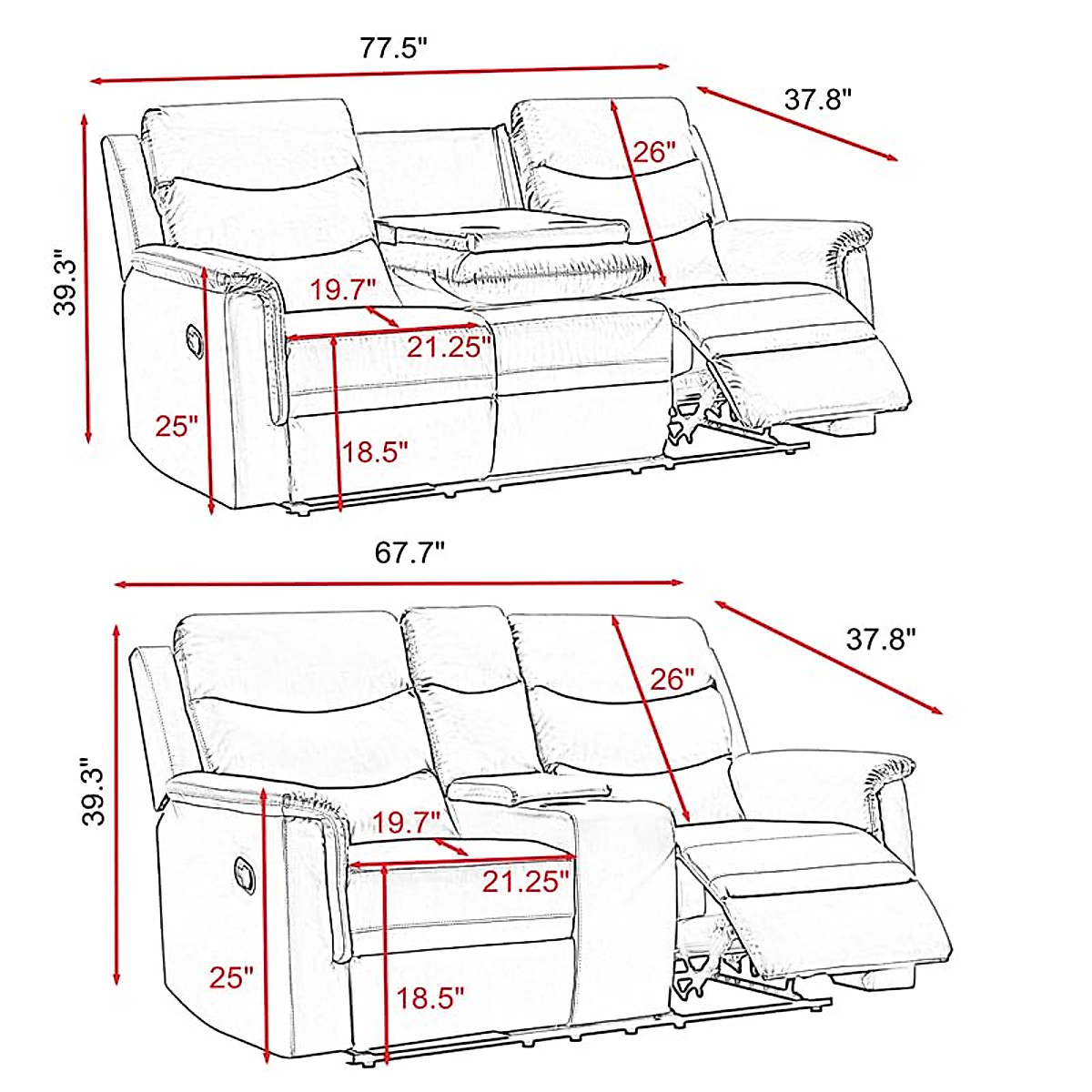 2 Pieces Faxu Leather Recliner Sofa Set, 3 Seater Manual Reclining Sofa & Loveseat with Storage Console & 4 Cup Holders and Footrest, Sectional Couch Home Theater Seating RV Furniture