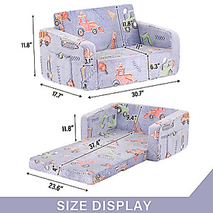 Tiita Kids Sofa Chair, 2 in 1 Toddler Fold Out Couch, Comfy Kids Sofa for Playroom-Extra Soft 2 Seats, Glow in The Dark Children Couch to Lounger for Girls Boys, Vehicles