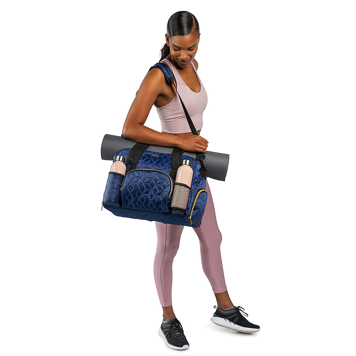 POSHnFIT Women Exercise Fitness Gym Travel & Weekender Duffel bag Waterproof Wet Storage Yoga Mat Storage Shoe Storage Carry On Luggage (Blue, Quilted Outer)