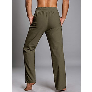 PASLTER Mens Casual Linen Pants Loose Fit Straight-Legs Elastic Drawstring Waist Summer Beach Yoga Long Pants