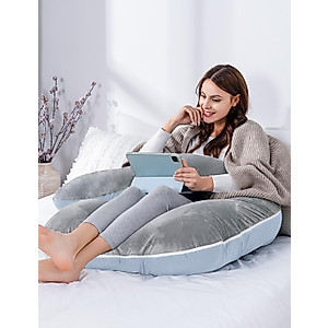 AngQi Body Pregnancy Pillow,L-Shaped Pregnancy Pillow for Side Sleepers,Maternity Body Pillow with Velvet & Jersey Cover, Gray＆Blue
