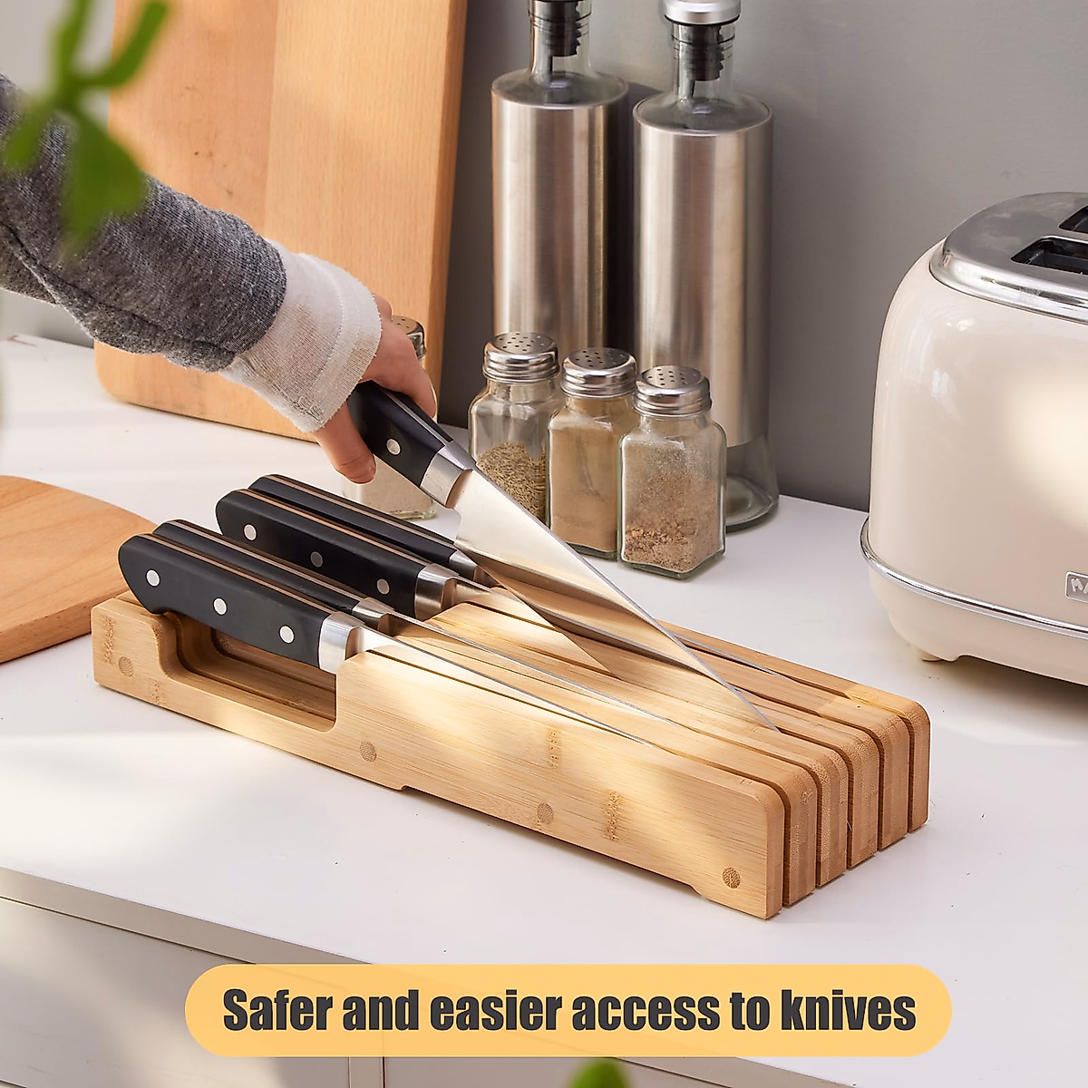 Bamboo Knife Block and In-Drawer Storage, Display Stand and Organizer, In-Drawer Knife Drawer Organizer(Knives Not Included)