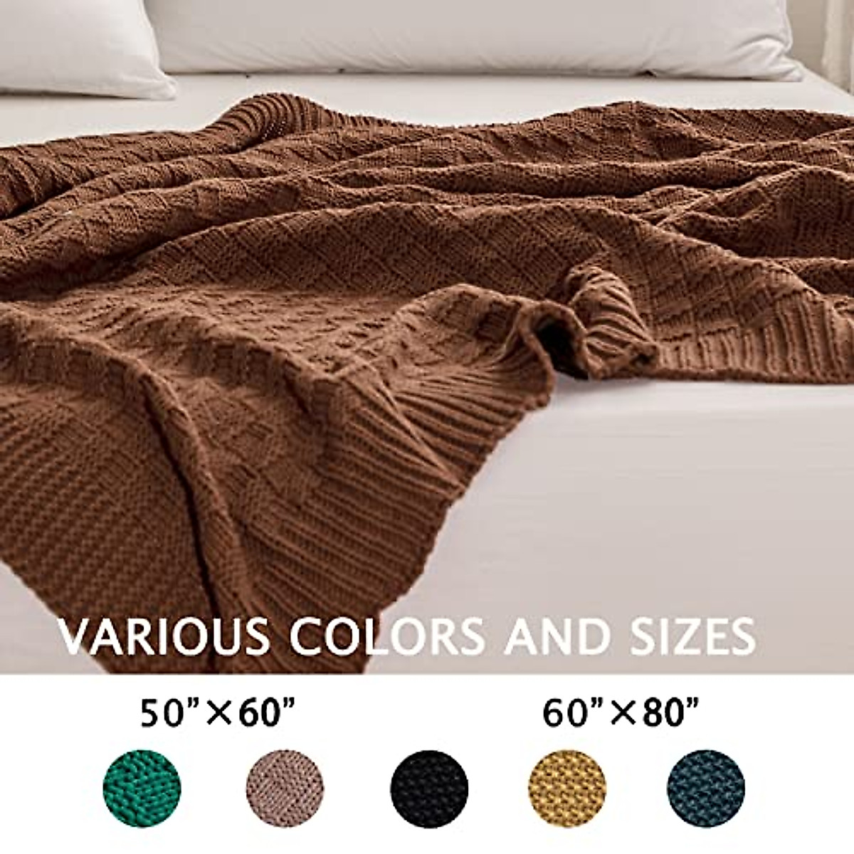 HT&PJ Knit Throw Blanket Cotton Throw Blanket with Tassels Super Soft Warm Cozy Solid Decorative Blanket for Bed, Sofa, Couch, Living Room All Seasons-Caramel, 50"×70"
