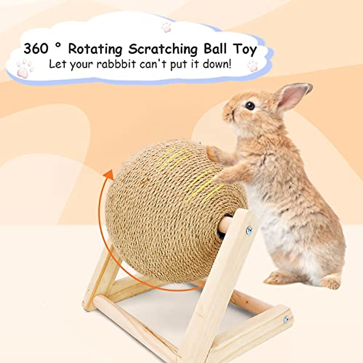 BNOSDM Rabbit Scratch Toy Wooden Natural Sisal Rope Rabbit Scratching Toy Ball Bunny Scratcher with Ball for Rabbits Bunnies Ferrets Kittens Small Animals (Small)