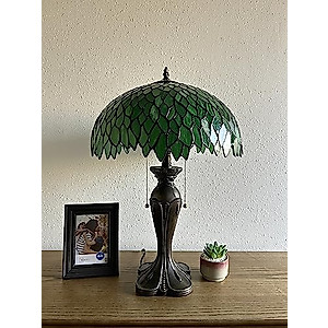 Enjoy Tiffany Style Table Lamp Green Stained Glass Leaves Included LED Bulbs Vintage for Living Room Dining Room Bedroom Bedside Office Hotel H24*W16 in