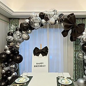 Black White Silver Party Balloons, 50pcs 12 Inch Thicker Marble Black and Pearl White Metallic Confetti Latex Balloons with Ribbon for Birthday Anniversary Decorations