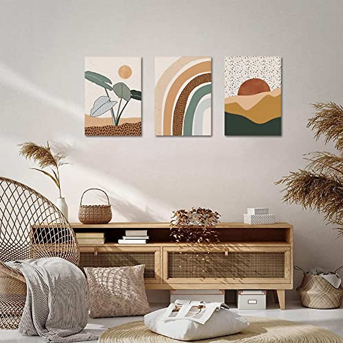 Boho Wall Art Set Of 3, Canvas Print Mid-Century Modern Wall Art Decor 12"x16" Framed Minimalist Sun Plant Geometric Abstract Neutral Boho Wall Decor for Bedroom, Bathroom, Living Room, Office